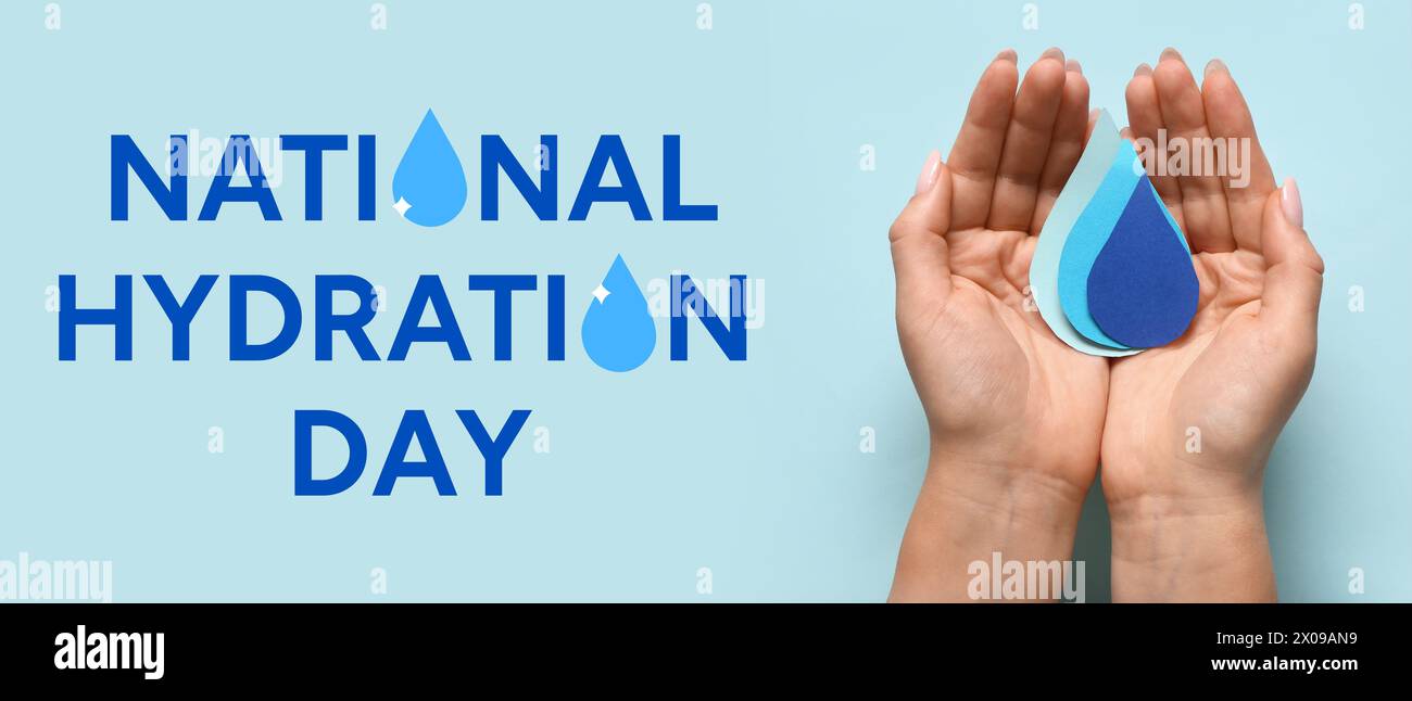 Female hands with paper drops on light blue background. Banner for ...