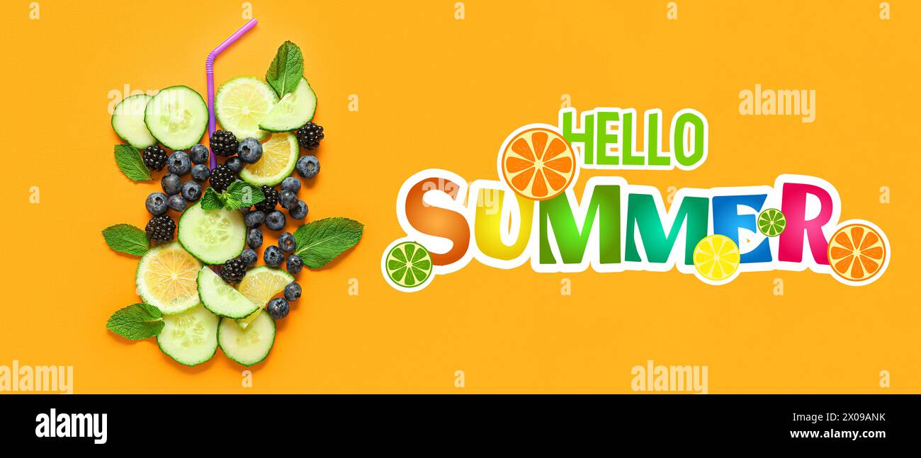 Straw and ingredients for lemonade on orange background. Hello Summer ...