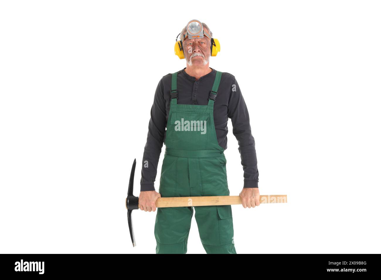 Mature miner man with pick axe on white background Stock Photo - Alamy