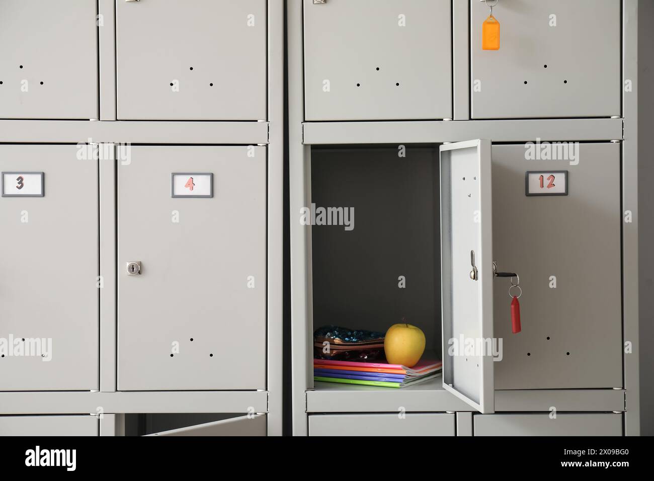 Modern locker with apple, copybooks and pencil case at school, closeup ...