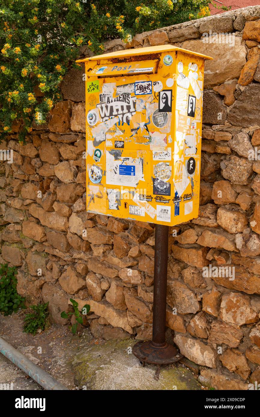 Greek post box covered in stickers,Cape Sounion, Greece, Europe Stock ...