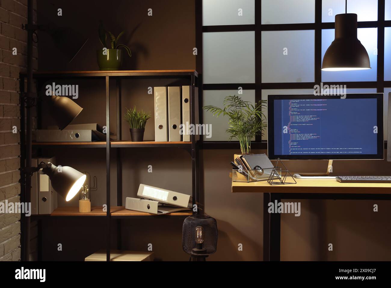 Interior of modern office with programmer's workplace and shelf unit ...