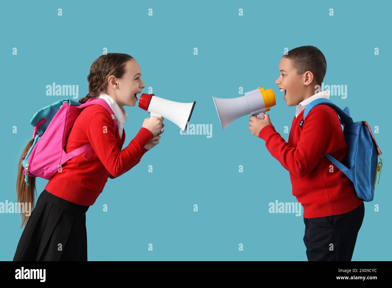 Funny little pupils with backpacks and megaphones screaming on blue ...