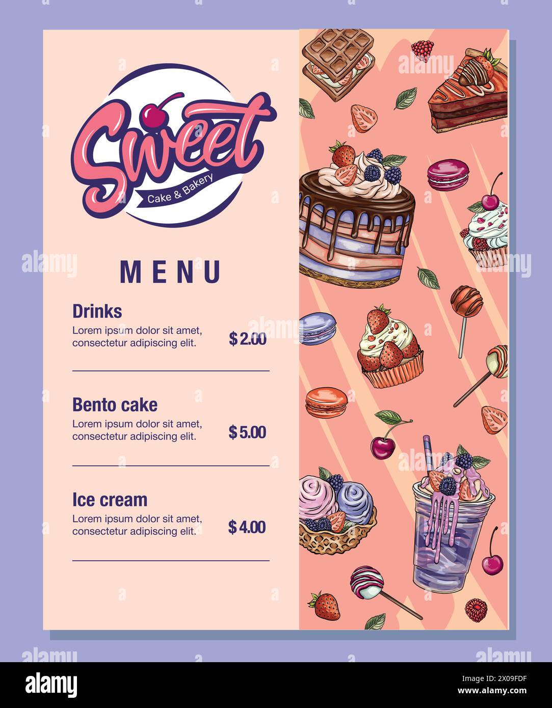 Hand drawn vector template of menu with desserts, sweets and bakery ...