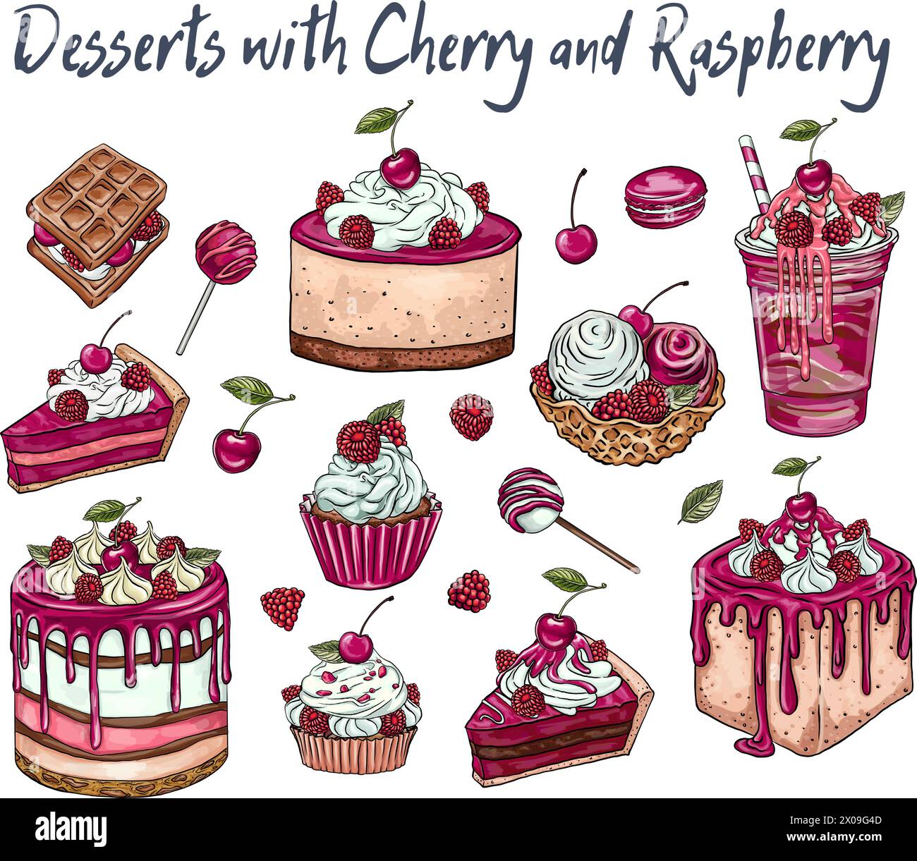 drawn illustration, Desserts with Cherry and Raspberry isolated on a ...