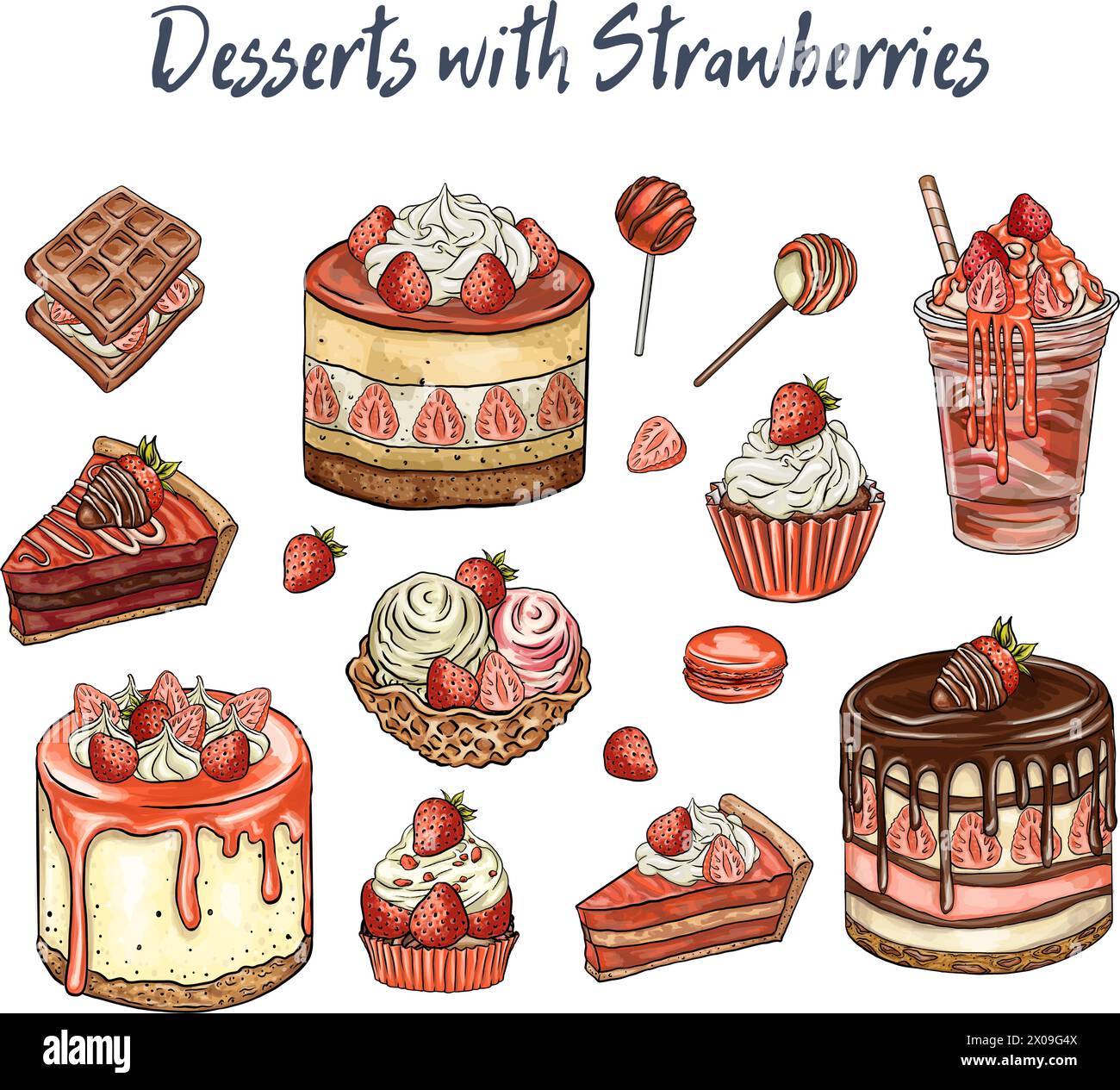 drawn illustration, Desserts with Strawberries isolated on a white ...
