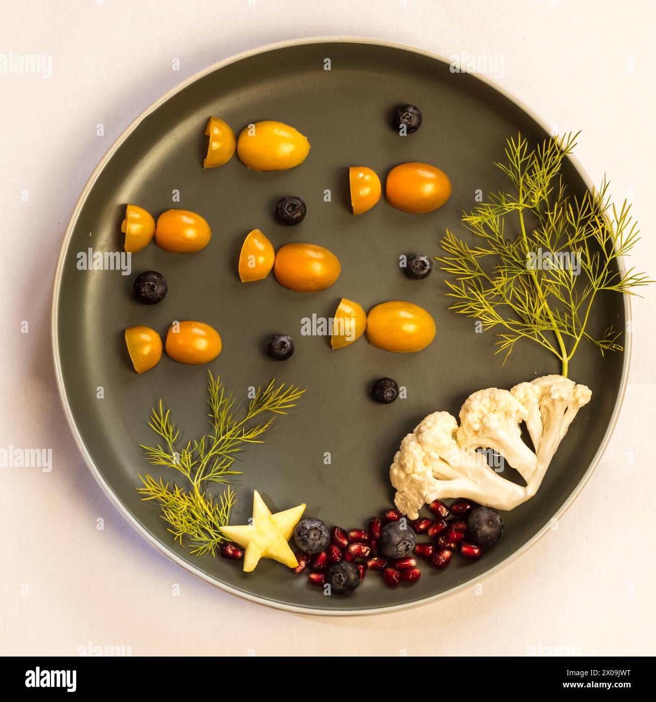creative plate for children with fish from tomato, pomegranate and ...