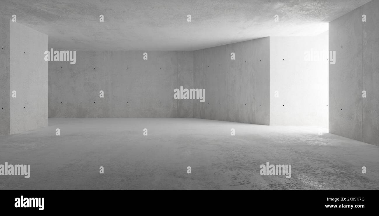 Abstract large, empty, modern concrete room with angled walls, indirect ...