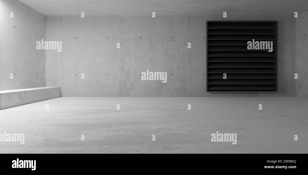 Abstract large, empty, modern concrete room with large AC opening on ...