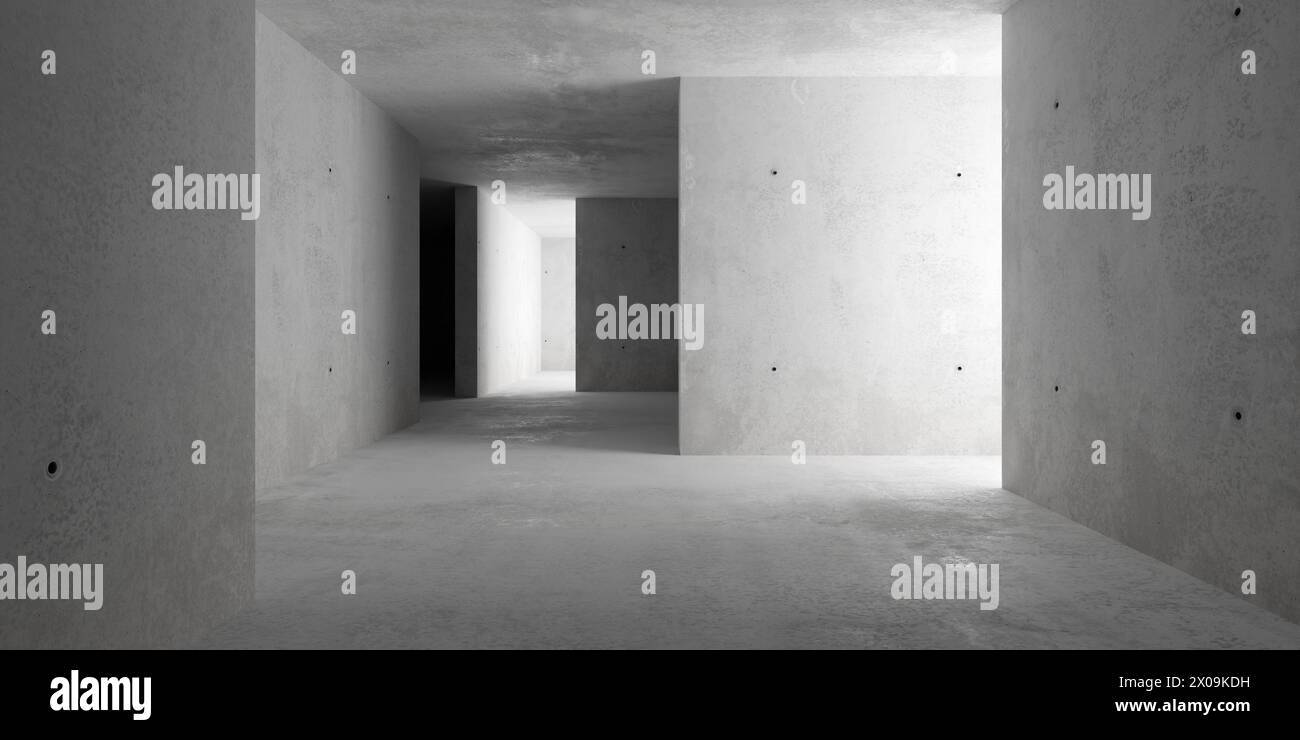 Abstract empty, modern concrete building corridor with multiple rooms ...
