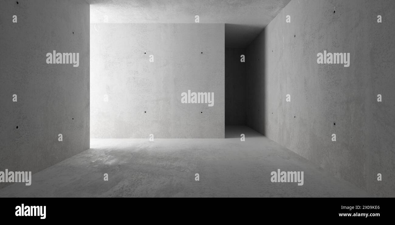 Abstract empty, modern concrete building corridor with dark, unlit room ...