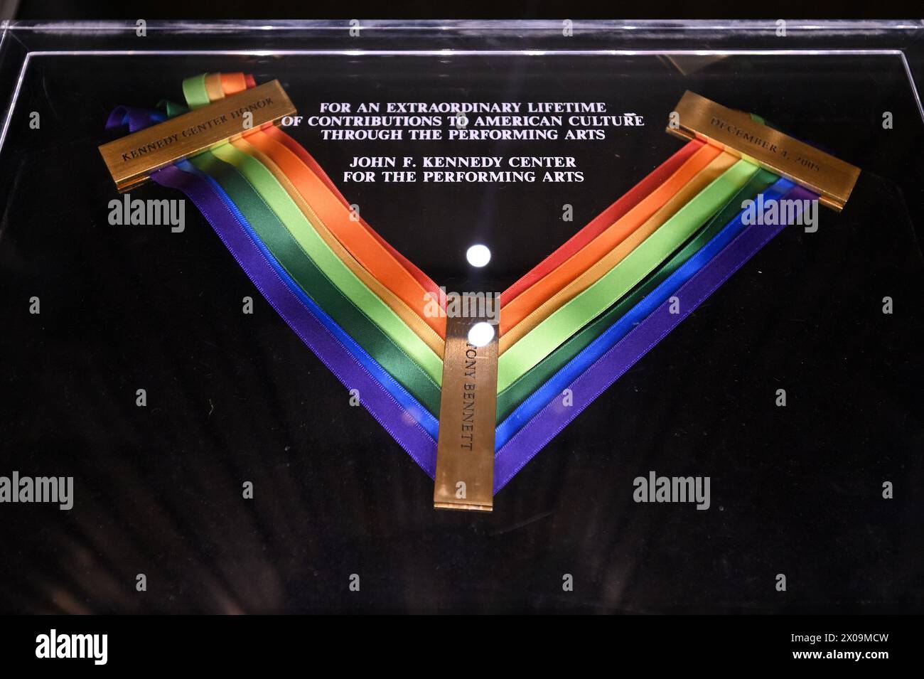 New York, USA. 10th Apr, 2024. 2025 John F. Kennedy Center Honor Award ribbon on display during ...