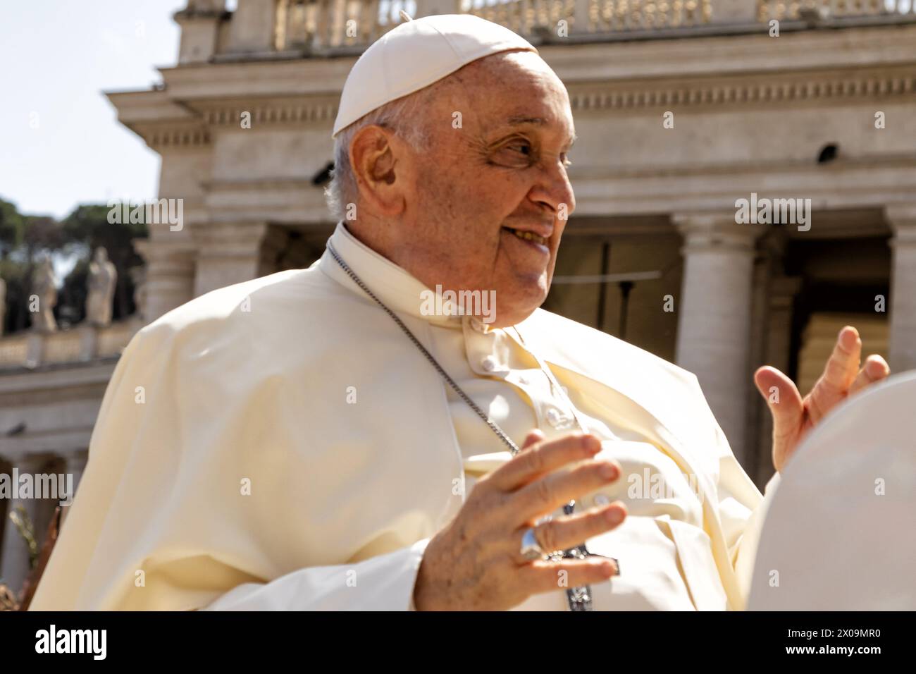 03 24 2024: Pope Francis Bergoglio happy and smiling on the car greets ...