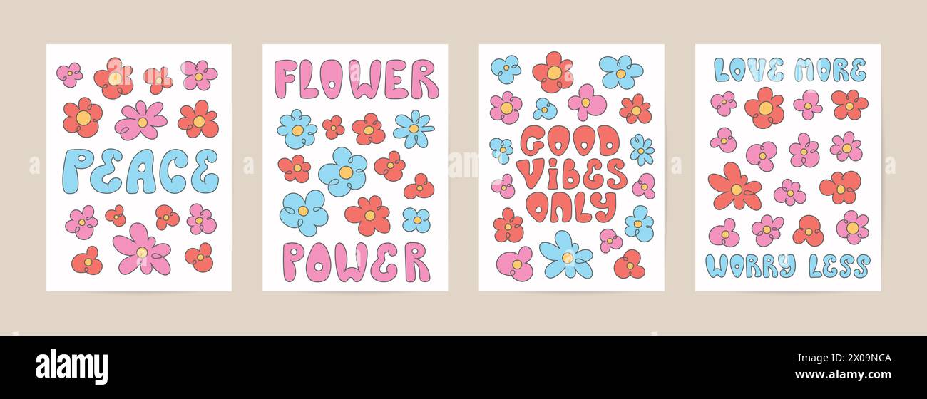 Retro groovy cartoon hippie cards set. Trippy poster with psychedelic ...