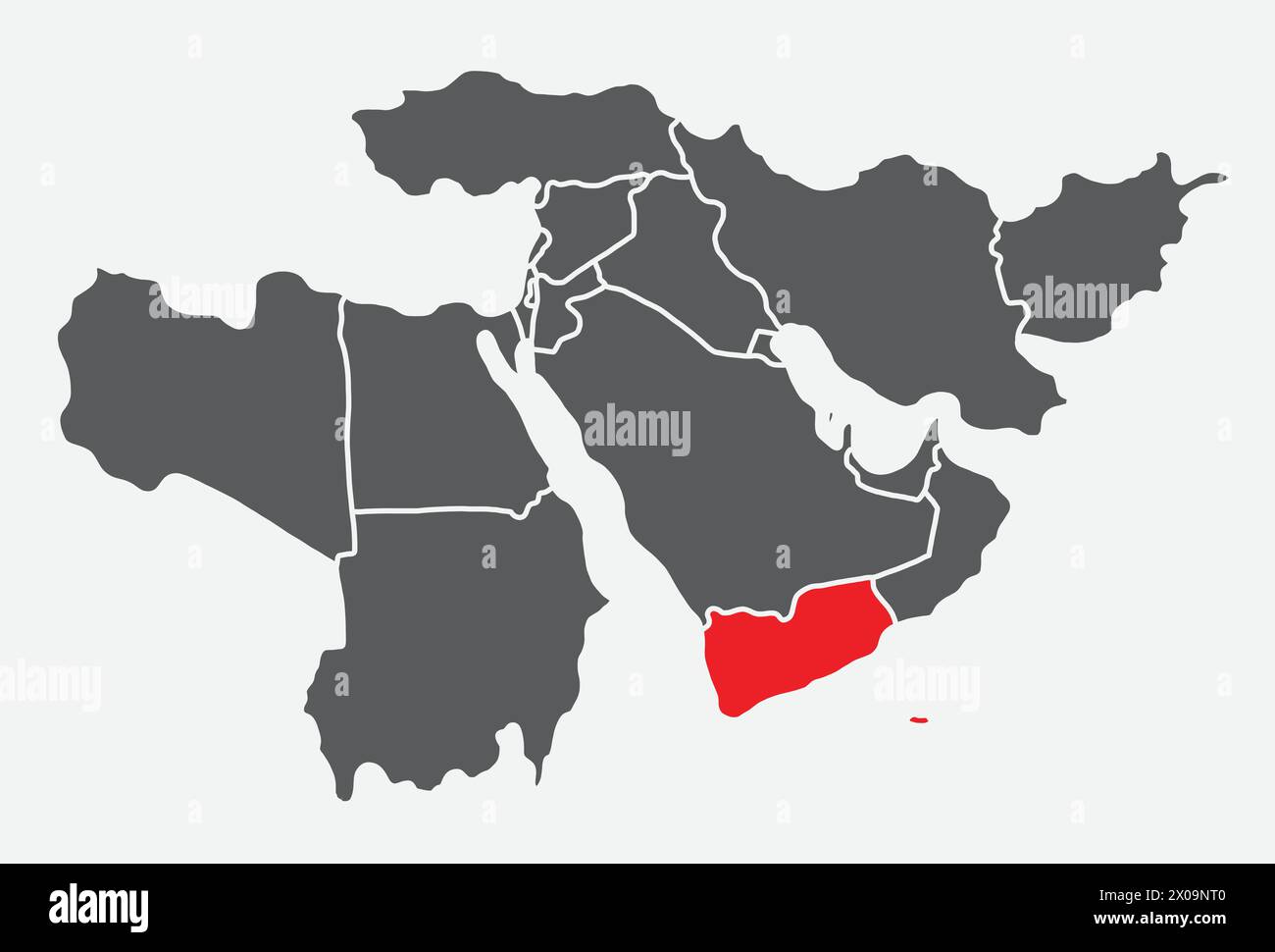Red map of YEMEN inside black map of the Middle East Stock Vector Image ...