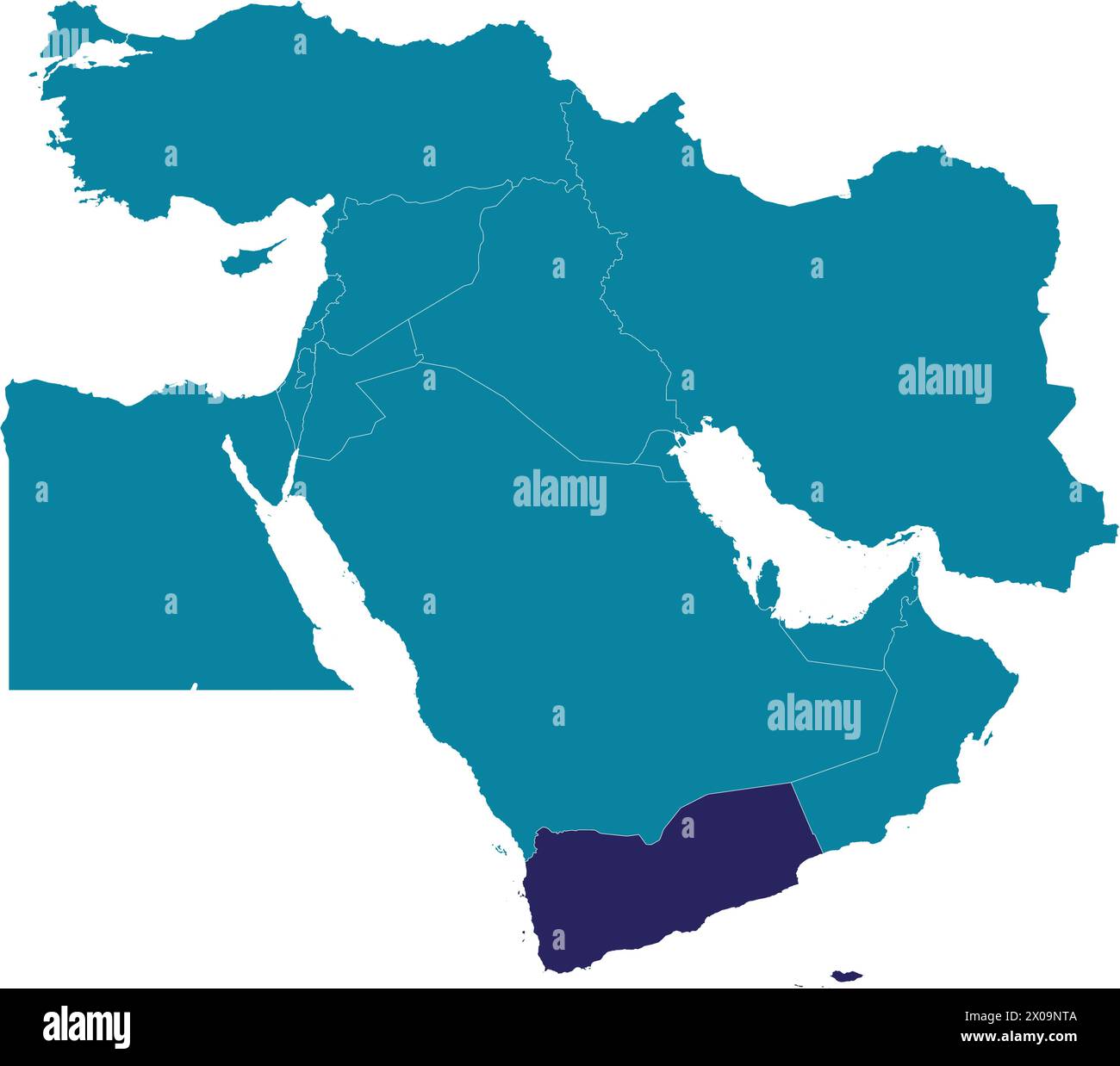 Purple map of YEMEN inside marine blue map of the Middle East Stock ...