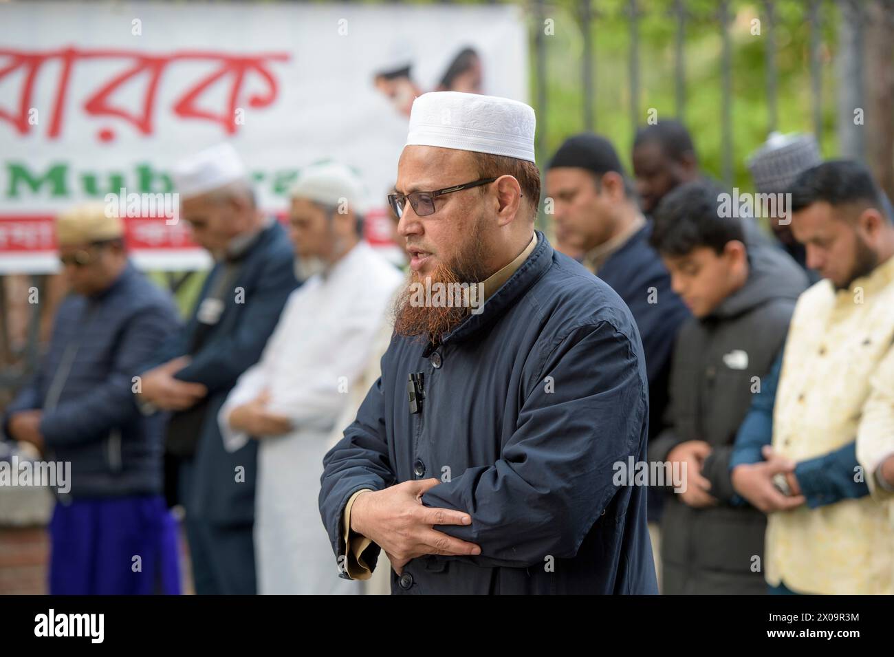 Rome, Italy. 10th Apr, 2024. An Imam leads the prayer of Muslim men on ...