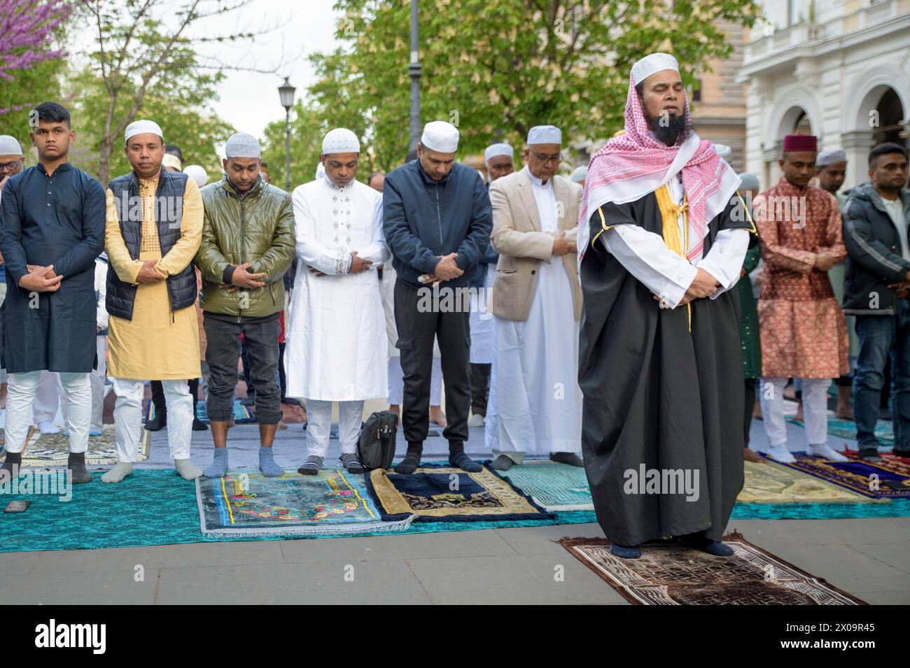 Rome, Italy. 10th Apr, 2024. An Imam leads the prayer of Muslim men on ...