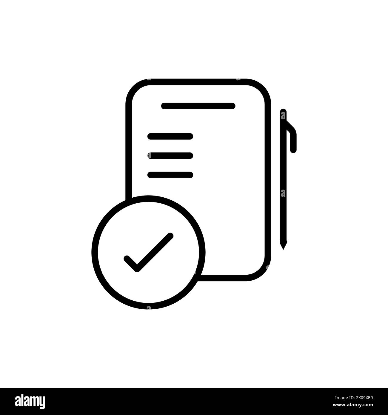 Checklist linear icon. A sheet with a pen for filling. A tick and a ...