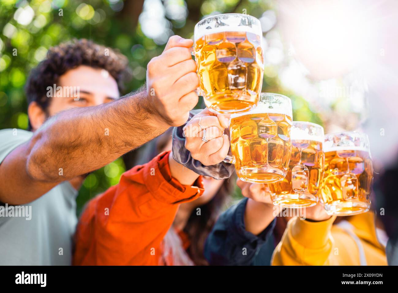 Cheers to Friendship - Friends raise beer mugs in an outdoor toast ...