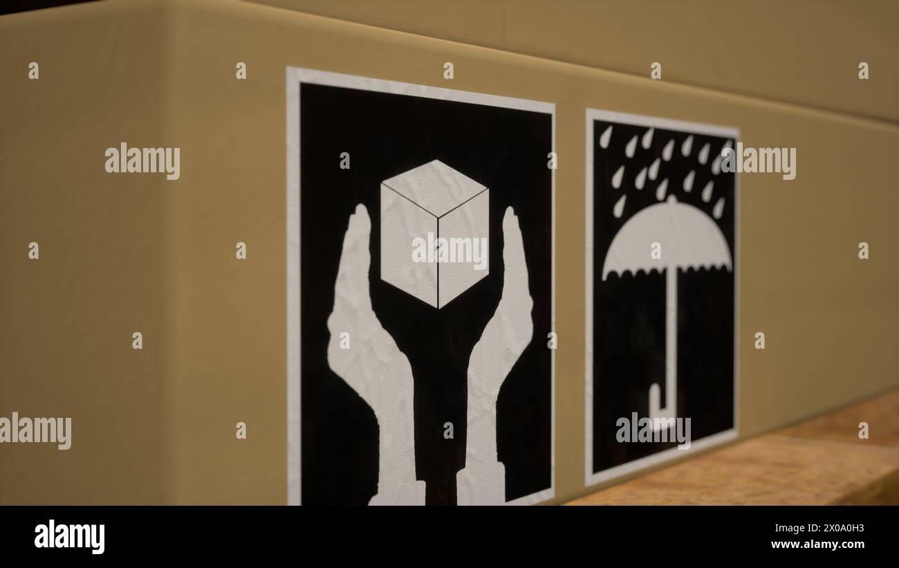 Cargo boxes and containers labeled with tracking numbers and shipment ...