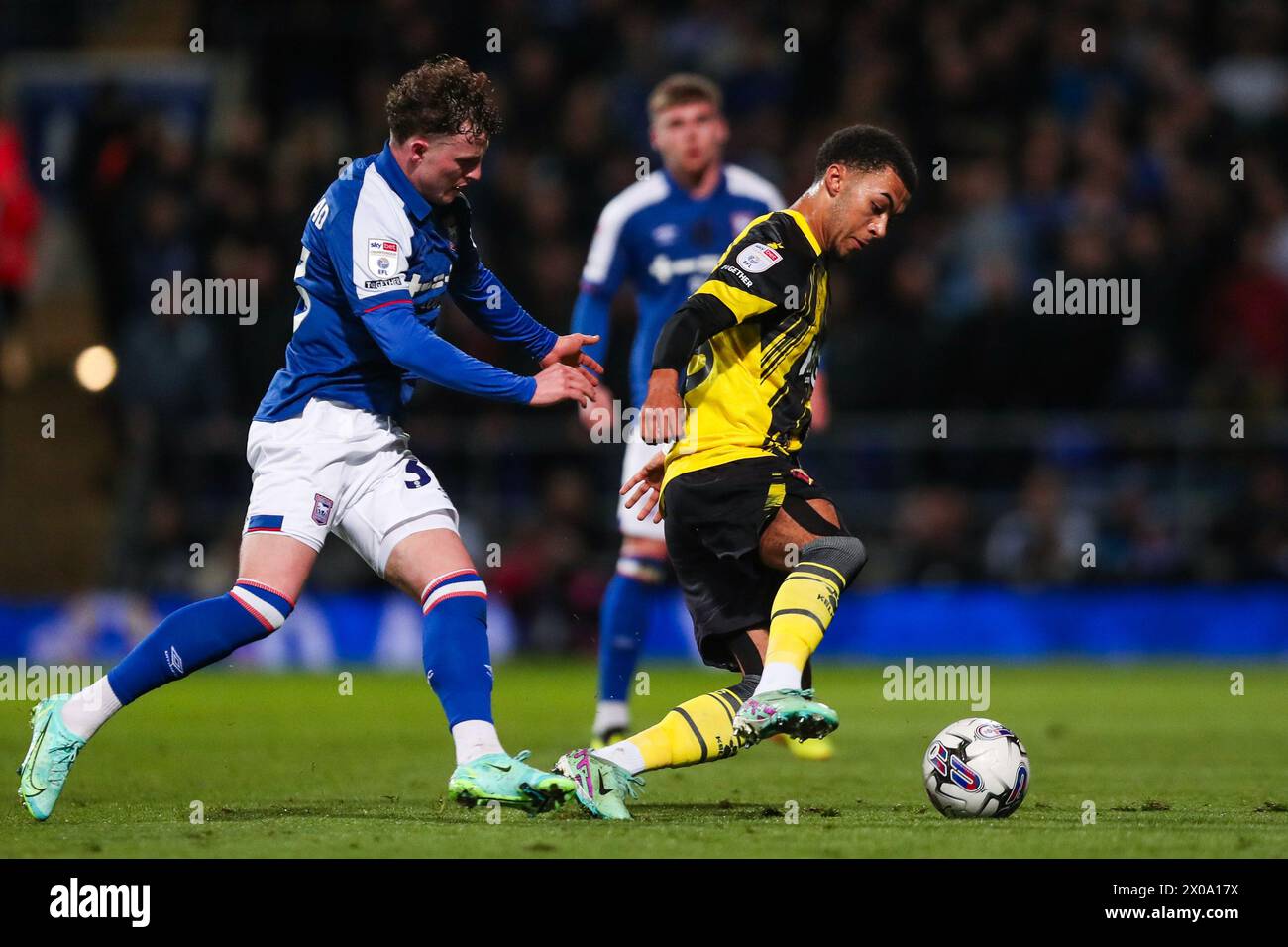 Ipswich, UK. 10th Apr, 2024. Watford's Ryan Andrews battles for the ...