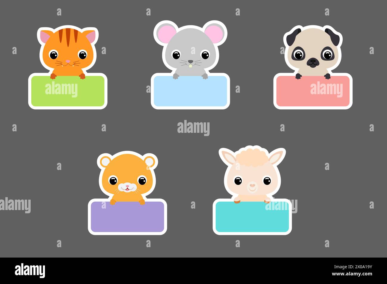 Colored school labels set for kids. Cute cartoon animals shaped ...