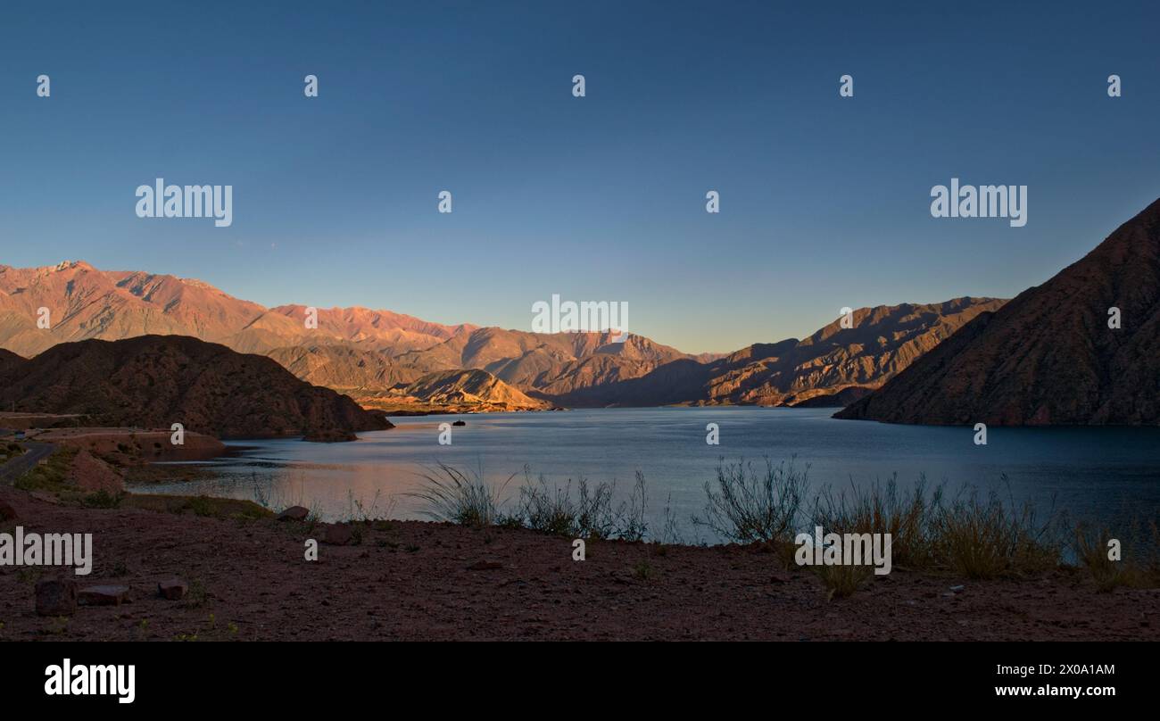 Lake Potrerillos, in Mendoza, Argentina, elevated view at dawn Stock ...