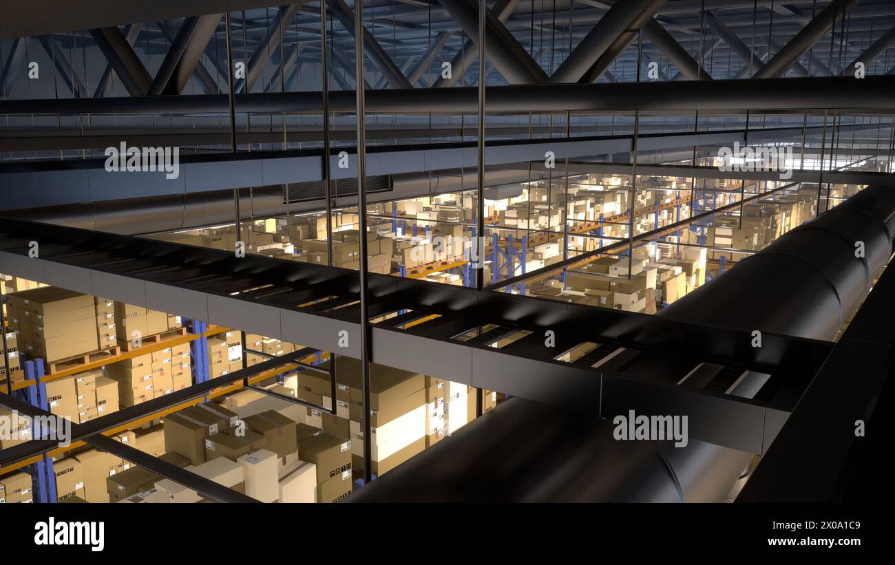 Massive storage facility loaded with goods and products, arranged on ...