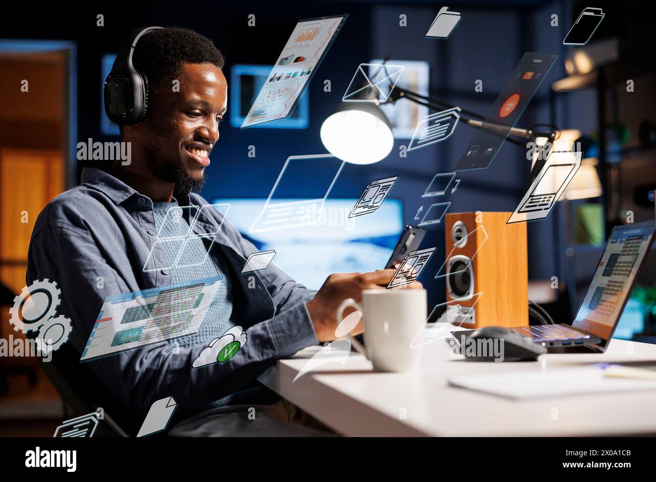 Business person using laptop multitasking to finish daily startup tasks ...