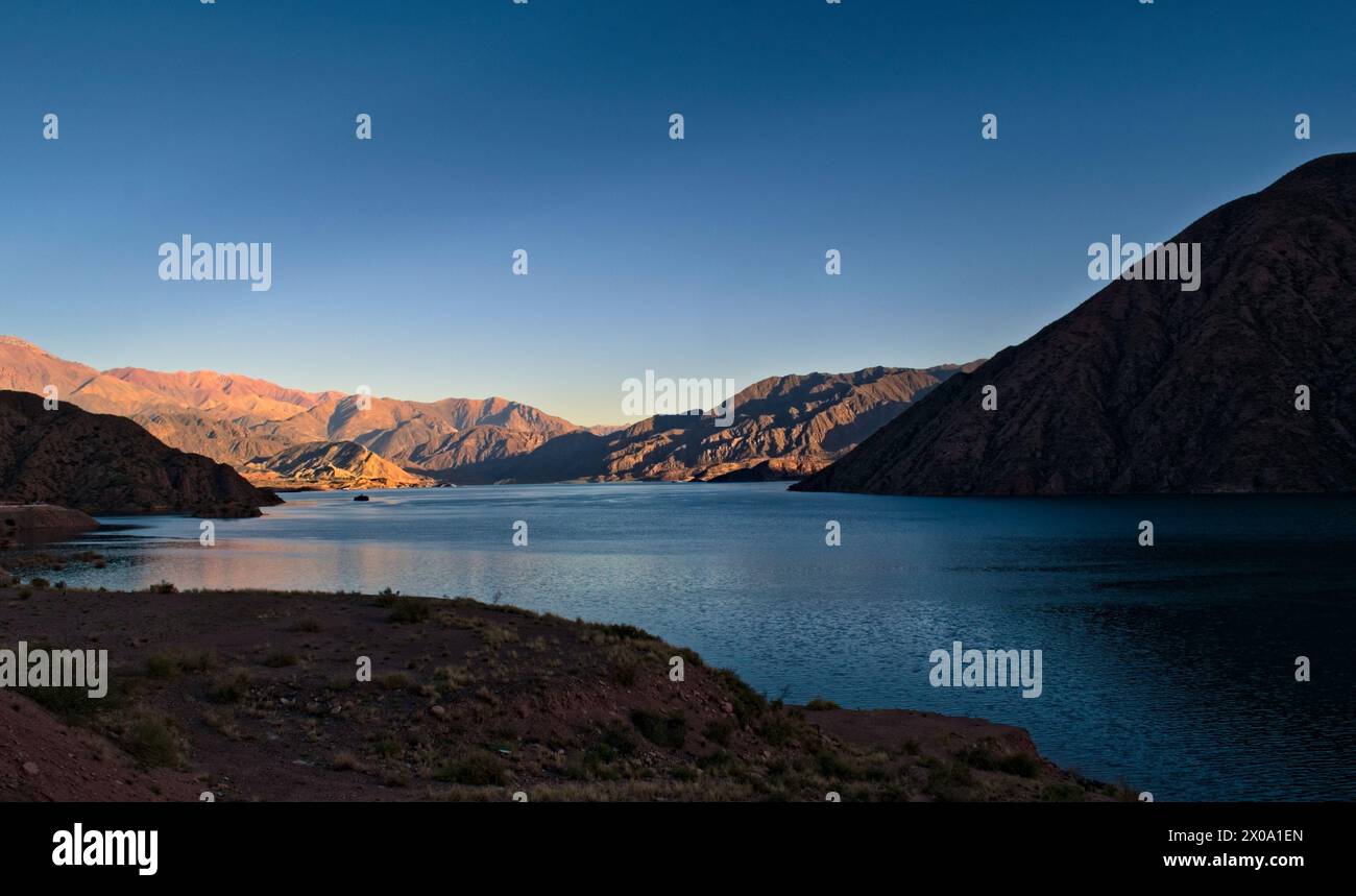 Lake Potrerillos, in Mendoza, Argentina, elevated view at dawn Stock ...