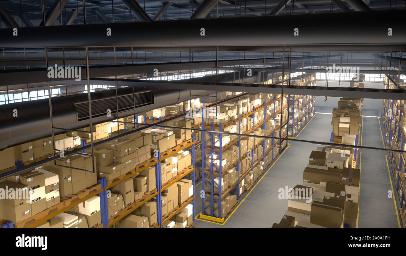 Logistics facility containing merchandise for distribution procedures ...