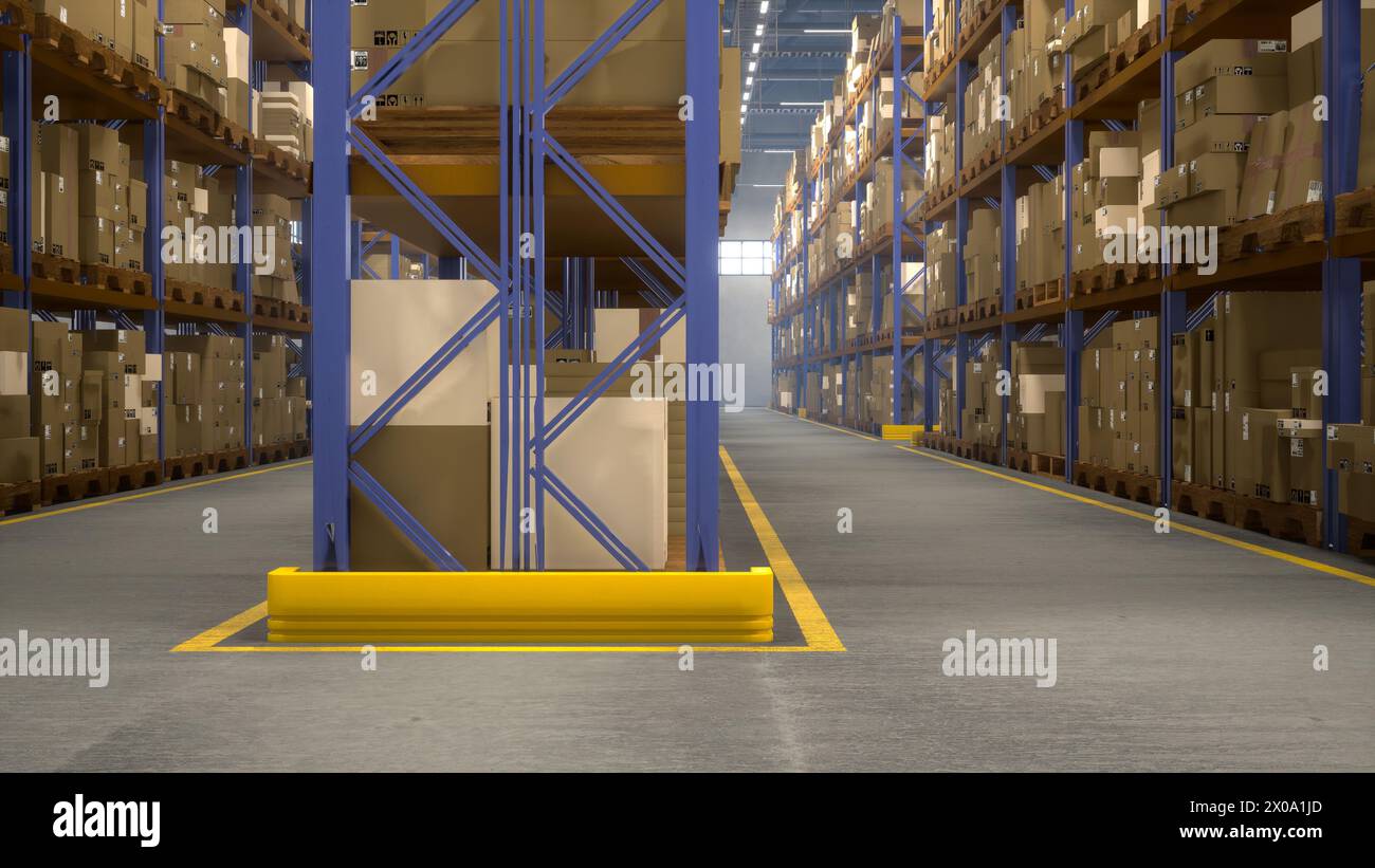 Storage room with racks filled of containers and merchandise ...