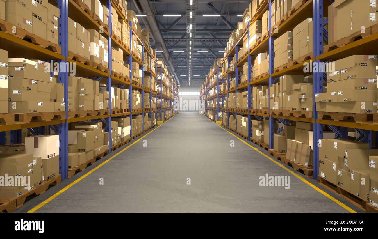 Industrial warehouse filled with storage boxes labeled for shipment ...