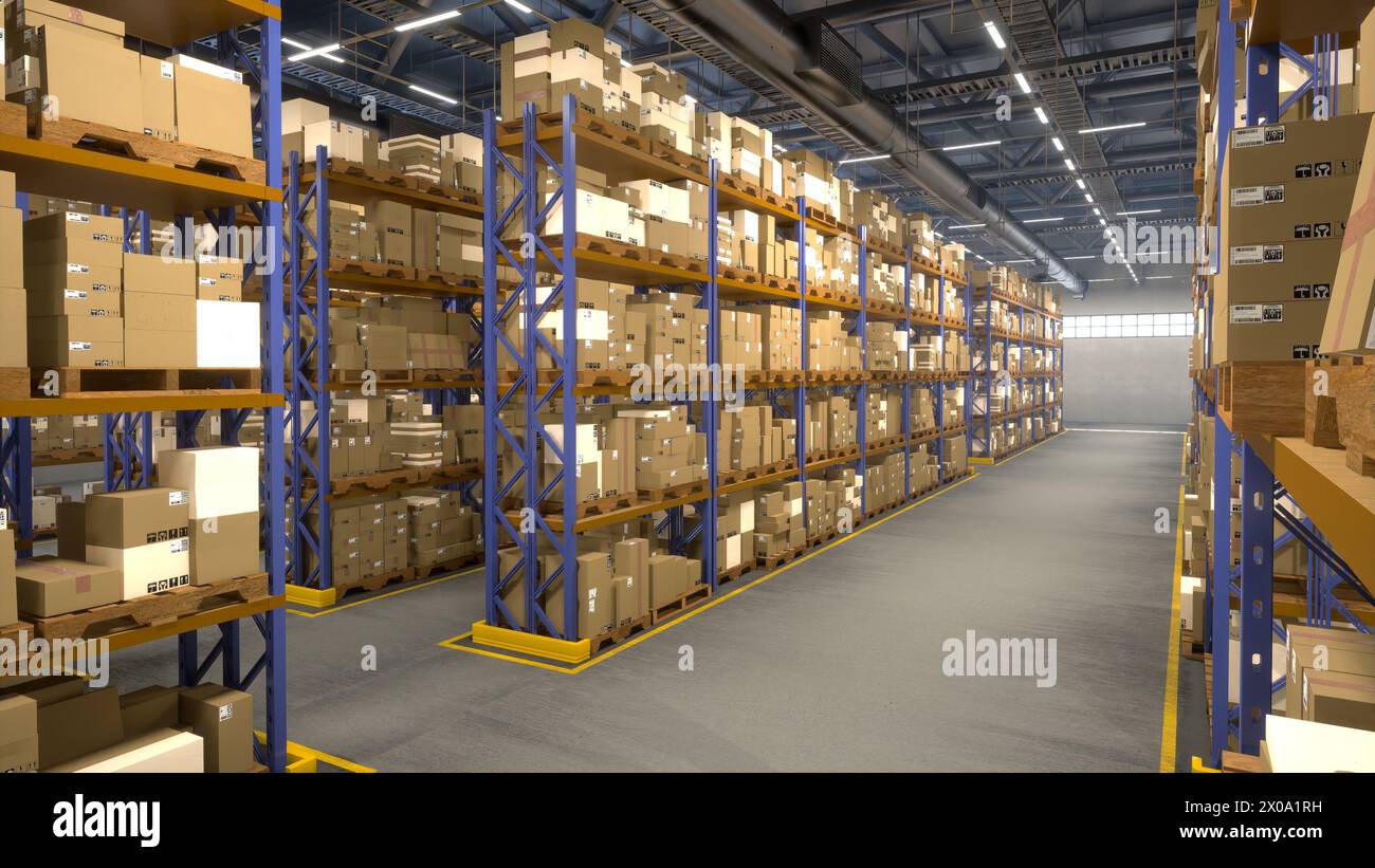Huge storage facility having wholesale packages in boxes, retail ...