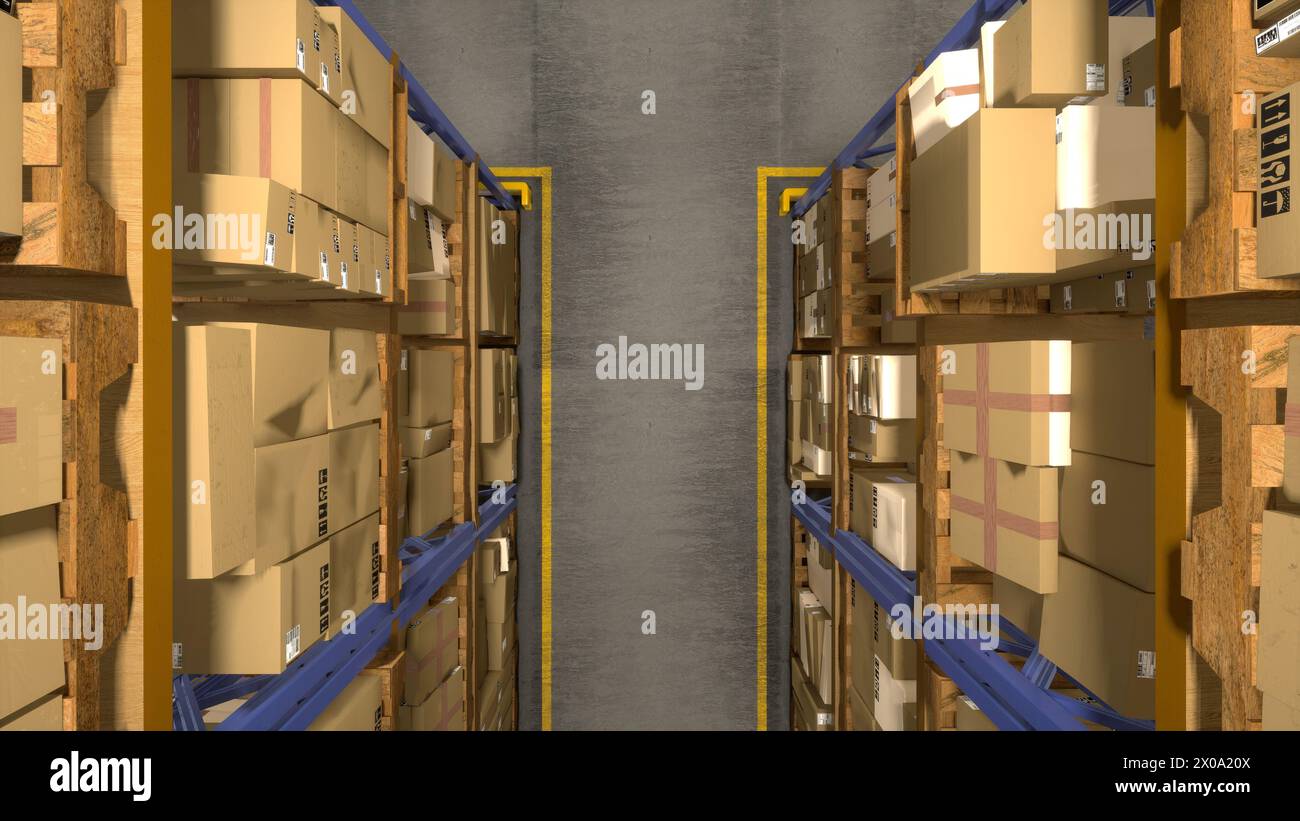 Industrial warehouse stacking packages with order invoices ready for ...
