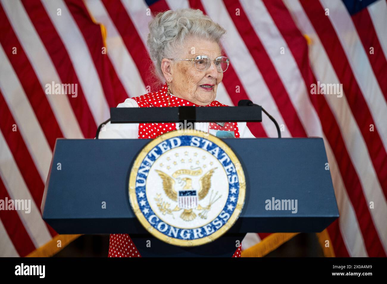 Mae Krier, an award recipient and a “Rosie”, speaks during a ...
