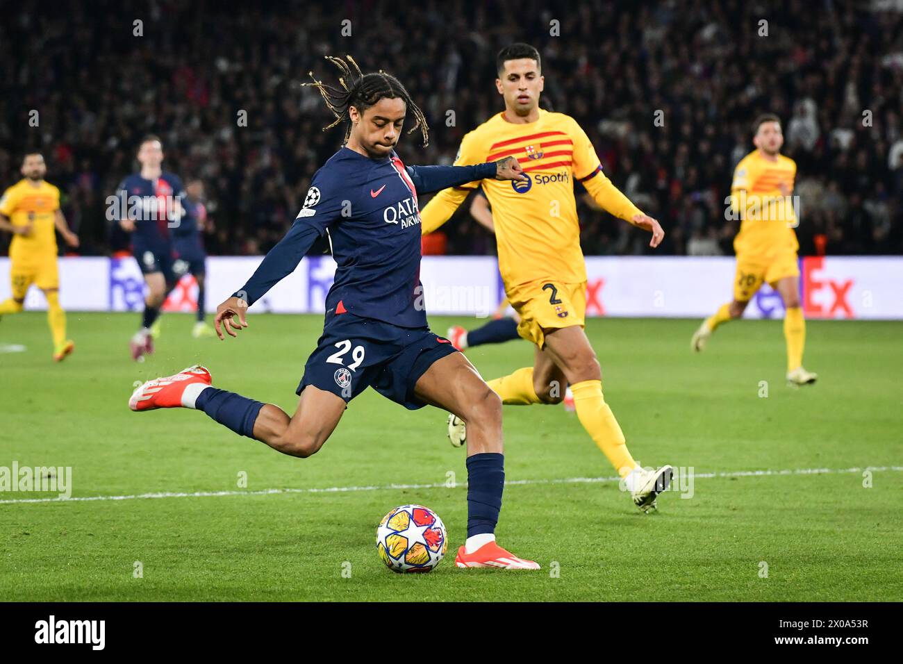 Paris Saint-Germain's forward Bradley Barcola kicks the ball during the ...