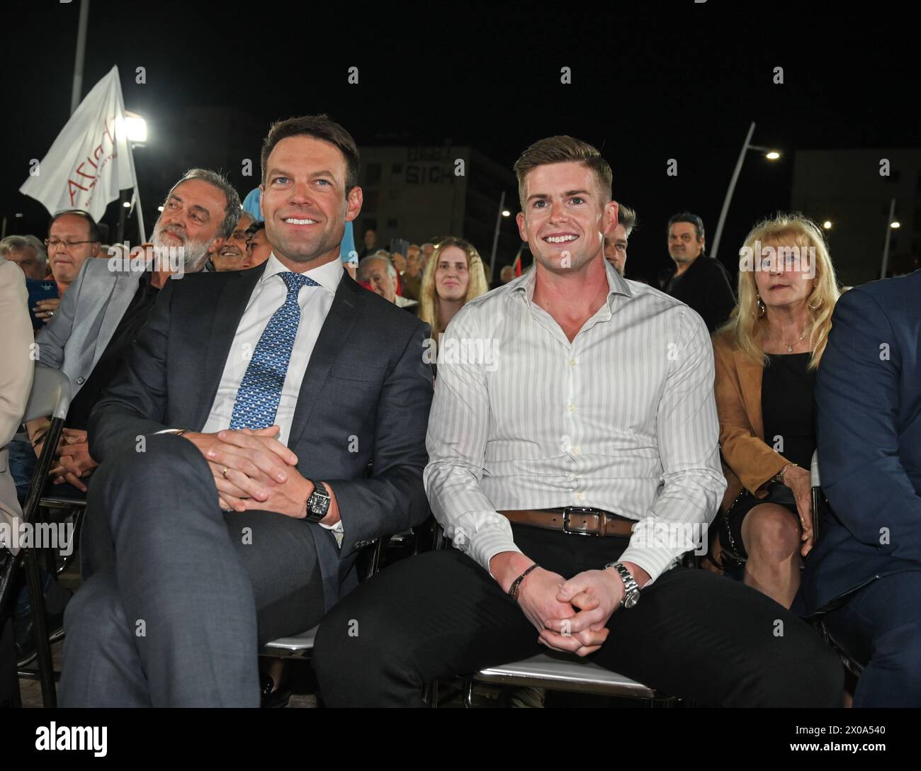 Athens, Greece. 10 April 2024. Main opposition SYRIZA party leader Stefanos Kasselakis (L ...