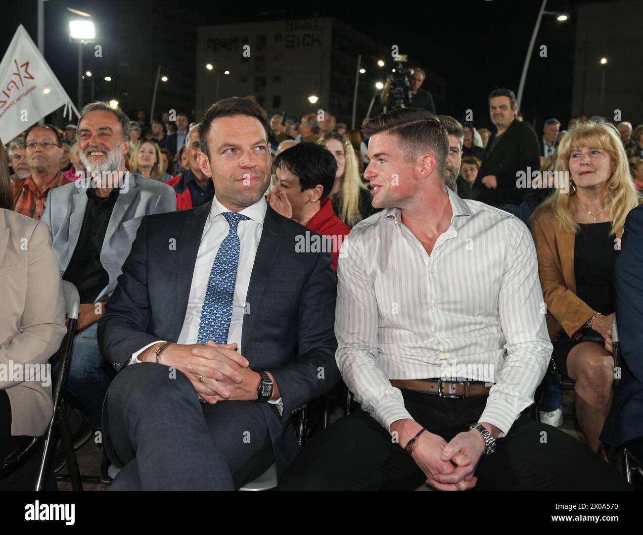Athens, Greece. 10 April 2024. Main opposition SYRIZA party leader Stefanos Kasselakis (L ...