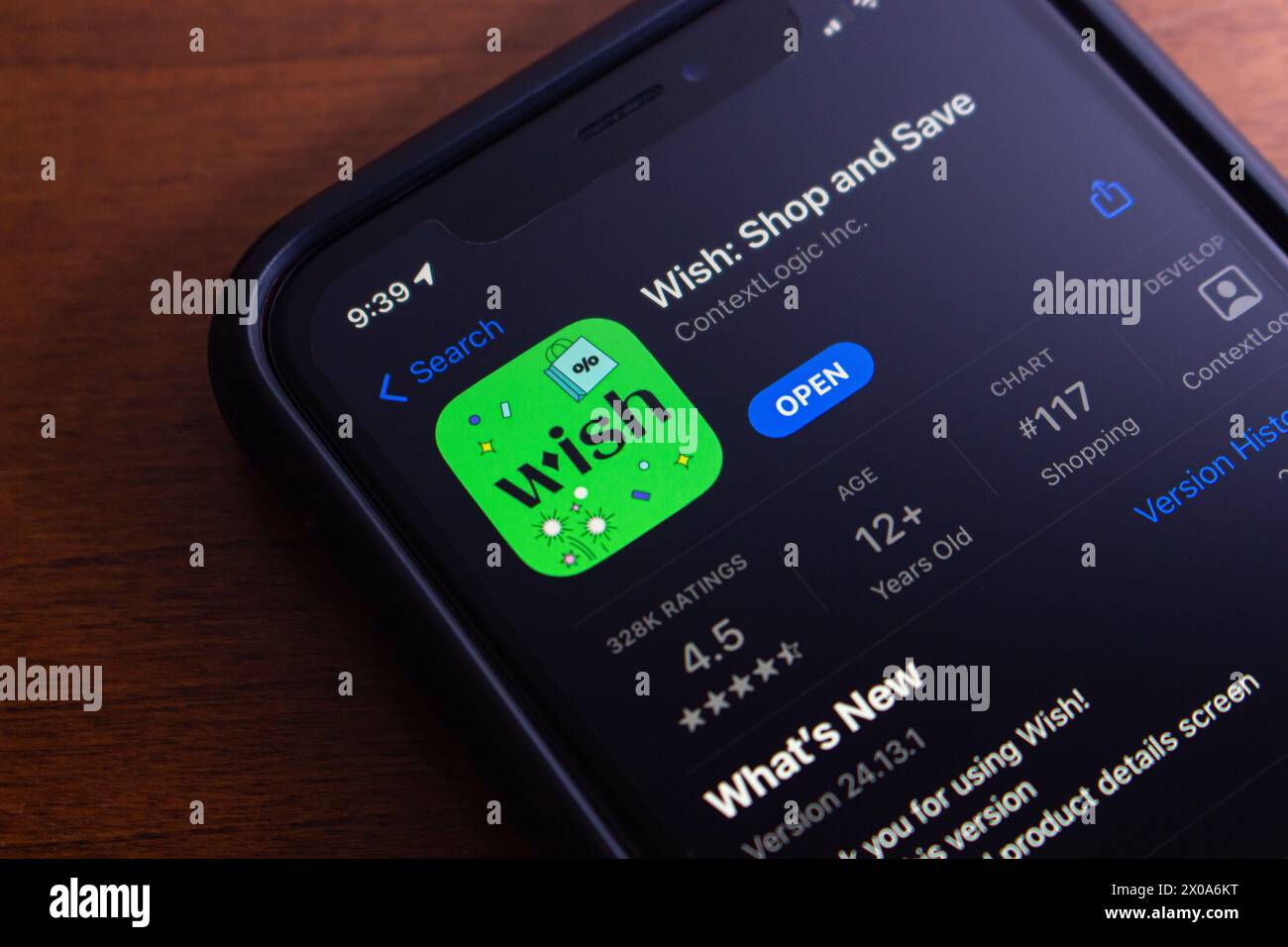 Wish app seen in App Store on an iPhone. Wish is an US online e ...