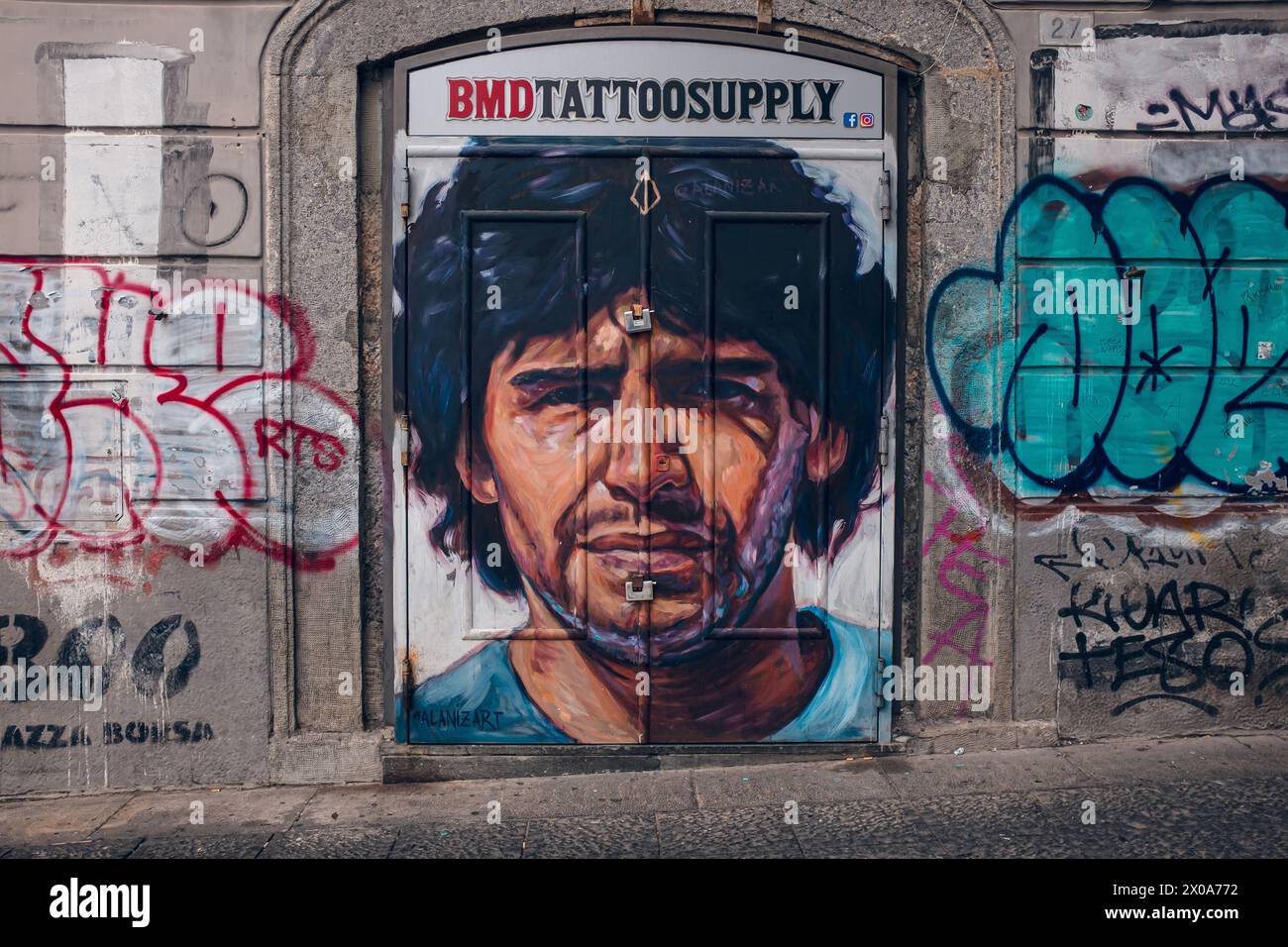 Graffiti of Diego Armando Maradona on the streets of Naples, Italy ...