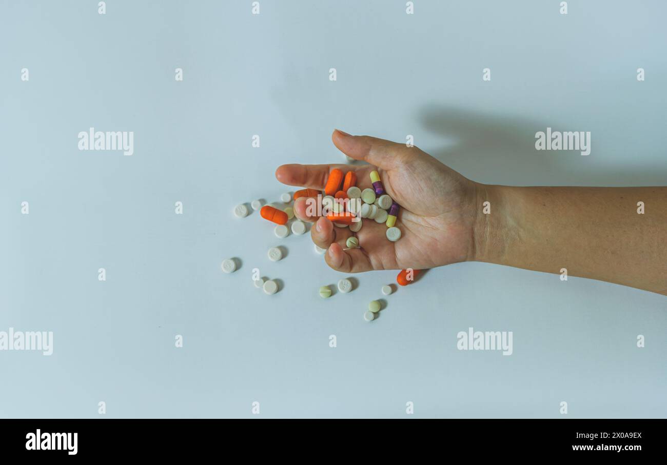various drugs in a hand, Drug abuse concept, with negative space Stock ...