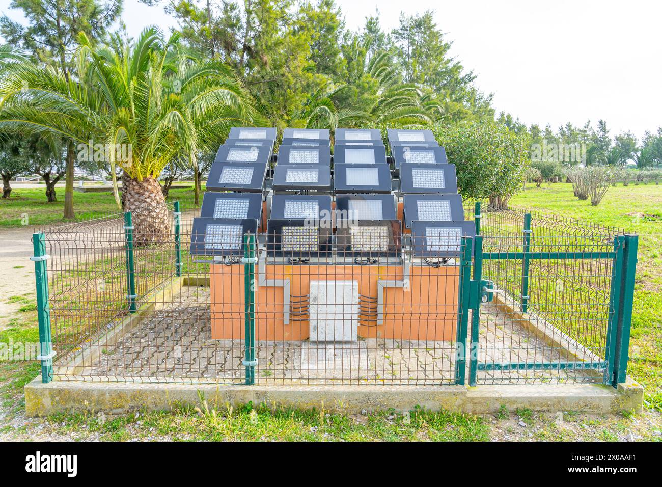 Set of lighting projectors to give light to the statue of Christ the ...