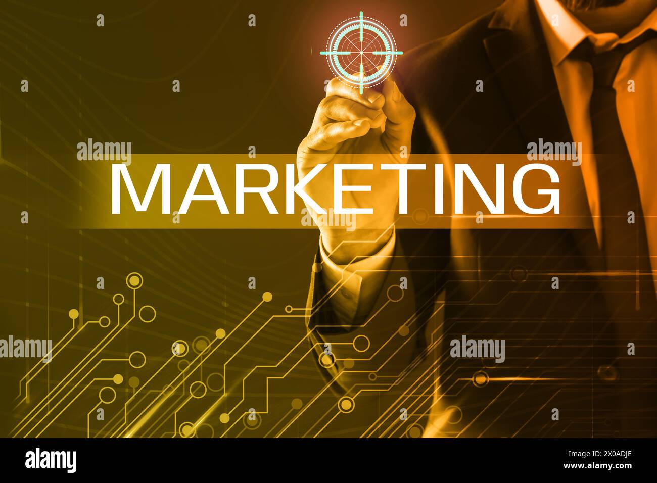 Marketing concept. Businessman pointing at target on digital screen ...