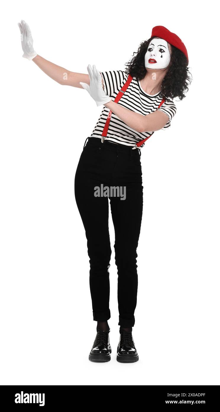 Funny mime with beret posing on white background Stock Photo - Alamy