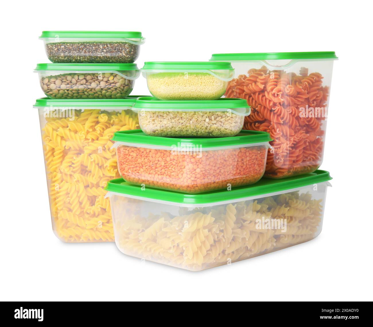 Plastic containers filled with food products isolated on white Stock ...