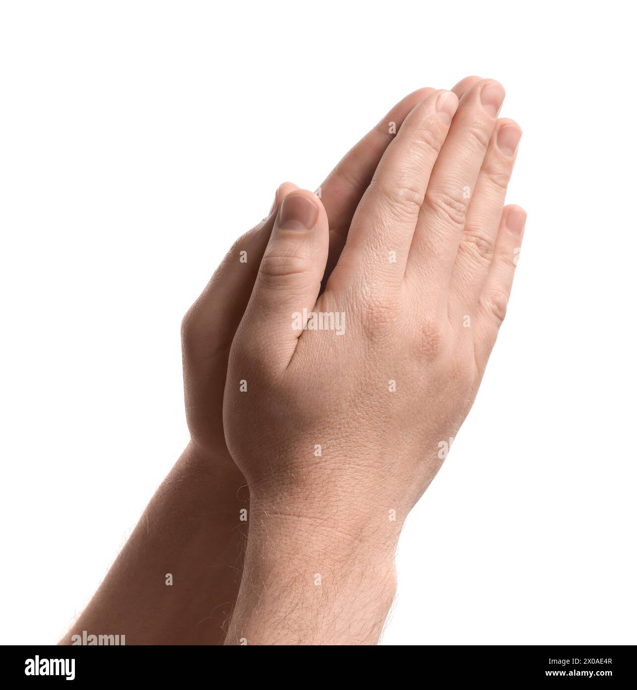 Religion. Christian man praying on white background, closeup Stock ...