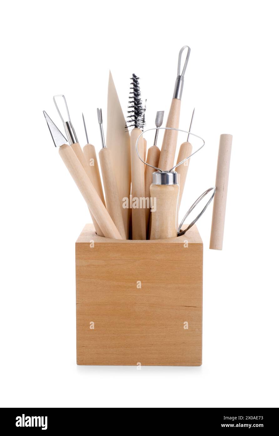 Set of different clay crafting tools in holder isolated on white Stock ...