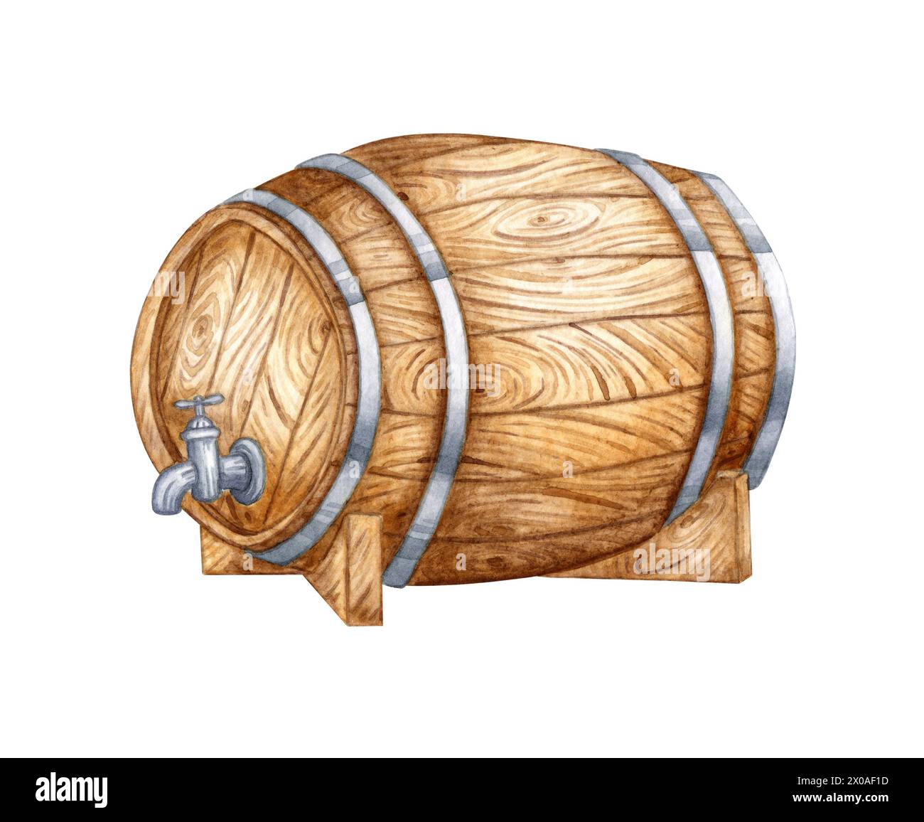 Watercolor illustration of a wooden barrel with a tap standing on its ...